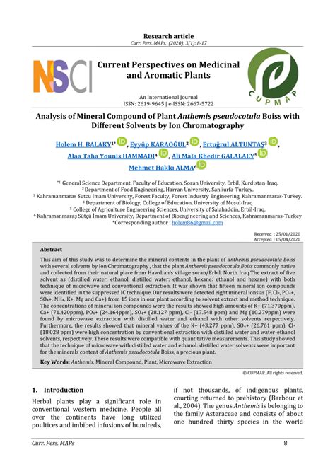 Pdf Current Perspectives On Medicinal And Aromatic Plants Analysis Of Mineral Compound Of