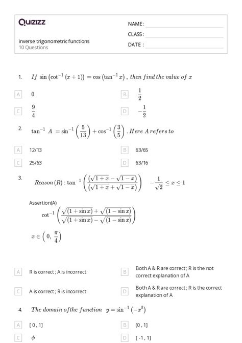 50 Inverse Trigonometric Functions Worksheets For 12th Year On Quizizz Free And Printable