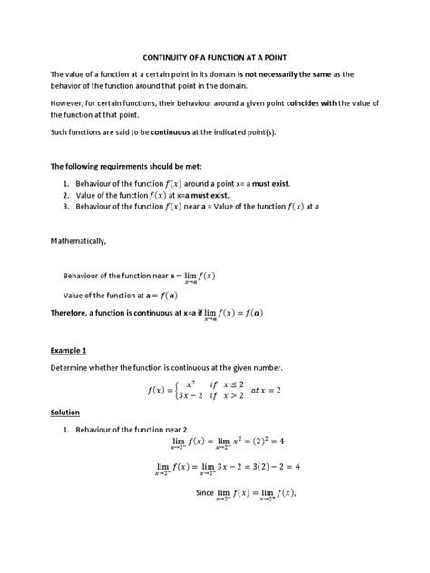 Concept Sheet Continuity At A Point Pdf Function Mathematics