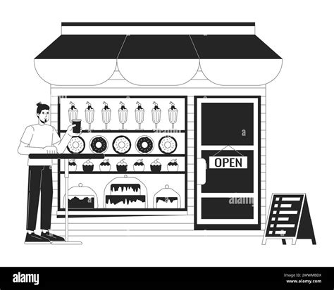 Man Drinking Coffee In Confectionery Shop Black And White 2d Line Cartoon Character Stock Vector