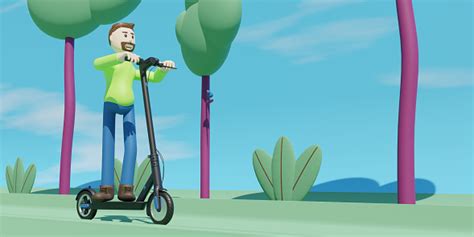 공원을 통해 타기 위해 전기 푸시 스쿠터를 타는 남자의 배너 3d 그림 환경 지속 가능성과 환경 보호의 개념 모던 양식에 대한 스톡 사진 및 기타 이미지 Istock