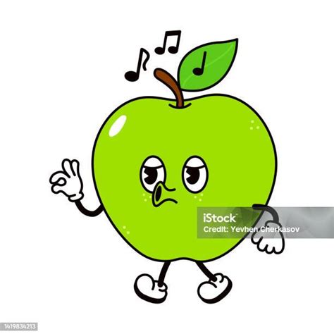 귀여운 재미있는 녹색 사과 걷기 노래 캐릭터 벡터 손으로 그린 전통 만화 빈티지 복고풍 카와이 캐릭터 일러스트 레이 션 아이콘 고립 된 흰색 배경 녹색 사과 산책 노래