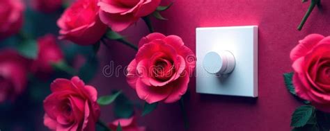 Modern White Toggle Switch Against Bold Rose Wallpaper Blossom Texture Wall Switch Stock
