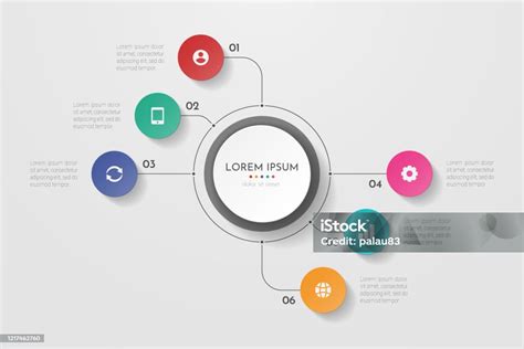 6 단계 또는 옵션 서클인 인포그래픽 비즈니스 프로세스 데이터 시각화 워크플로 레이아웃 다이어그램 배너 웹 디자인에 사용할 수 있습니다 벡터 그림입니다 개념에 대한 스톡