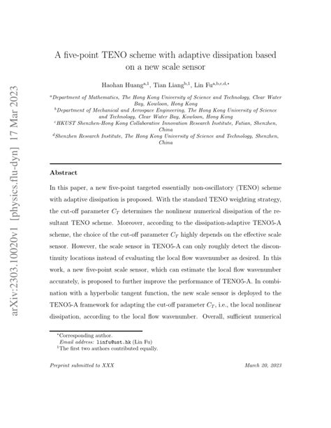 Pdf A Five Point Teno Scheme With Adaptive Dissipation Based On A New Scale Sensor