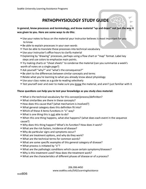 Pathophysiology Study Guide Seattle University Learning Assistance