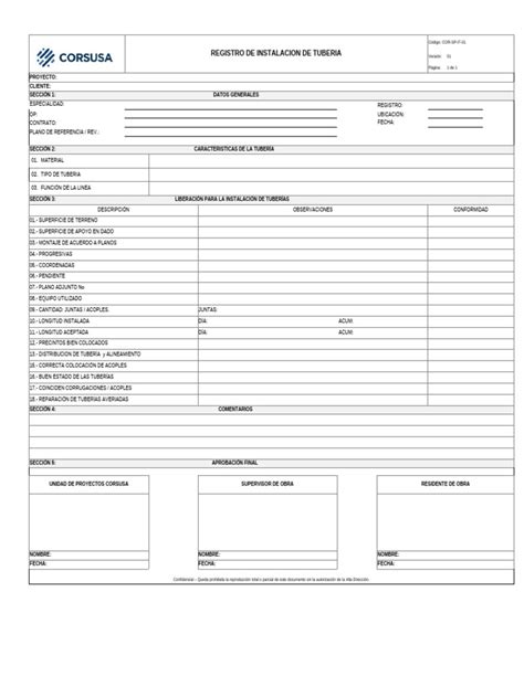 Registro De Instalación De Tubería Pdf