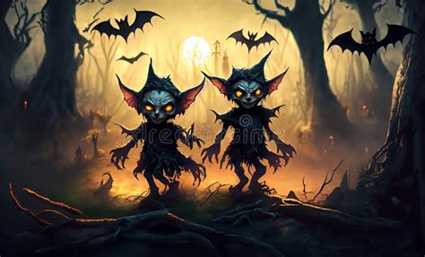 Evil Goblins And Bats In Mystical Forest At Sunset Stock Illustration