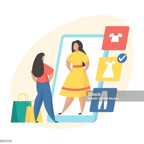 웹 응용 프로그램에서 옷을 시도하는 여자 여성 캐릭터는 온라인 스토어와 사실상 드레스에서 드레스를 선택 개념에 대한 스톡 벡터