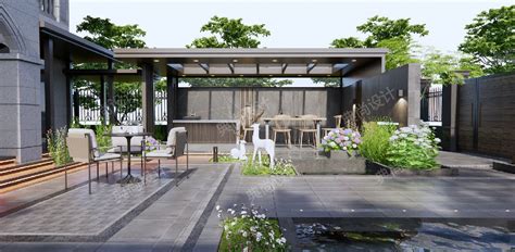 现代庭院花园 跌水景墙 户外桌椅 廊架亭子 花草植物 花卉 植物景观 麋鹿雕塑小品SU模型 庭院景观SU模型