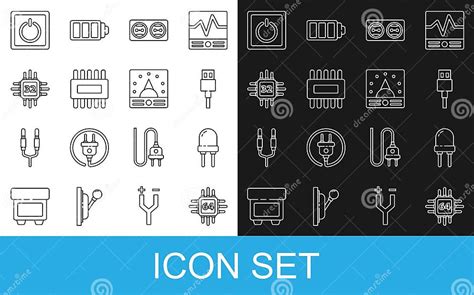 Set Line Processor With Microcircuits Cpu Light Emitting Diode Usb Cable Cord Electrical