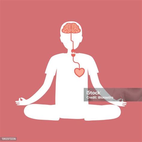 평면 디자인에 두뇌와 심장 전기 플러그 연결 상호 작용을 명상 남자의 실루엣 논리와 감정 아이디어 벡터 일러스트레이션 사이의