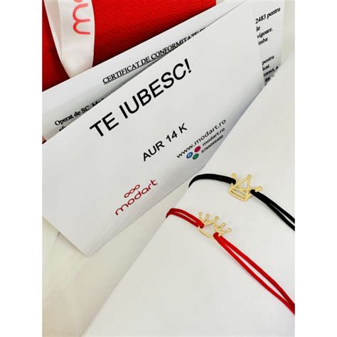 Set Bratari Aur Cupluri Aur 14k Damabarbat Coronita Rege Si Regina Snur Reglabil Rosunegru