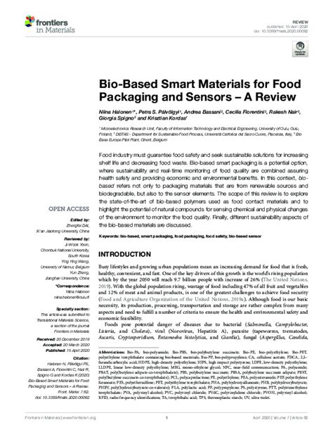 Pdf Bio Based Smart Materials For Food Packaging And Sensors A Review