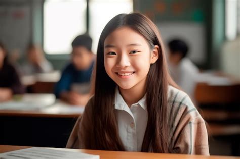 Premium Photo Portrait Of A Schoolgirl Girl Sitting At A Desk At School