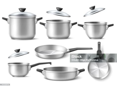 현실적인 냄비와 프라이팬 반짝이는 금속 조리기구 3d 격리 식기 유리 뚜껑 은 요리 냄비 주방 개체 다른 각도보기 가정 및 카페 주방 용품 완전한 벡터 세트 팬 주방용구에
