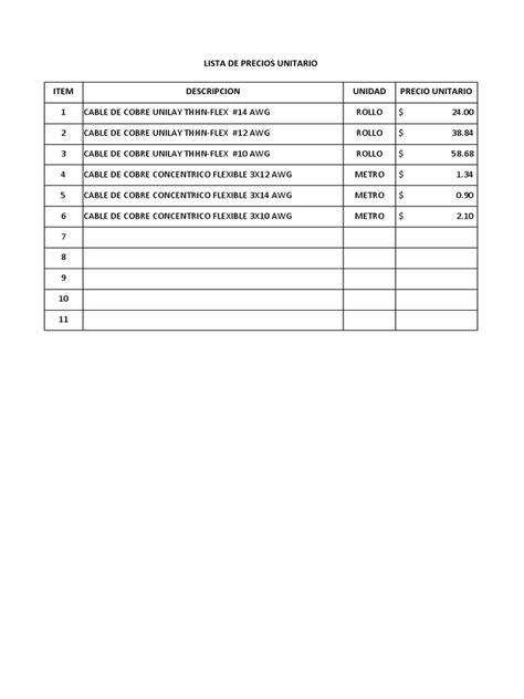 Lista De Precios De Materiales Eléctricos Pdf