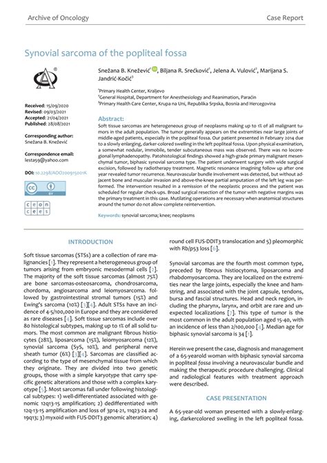 Pdf Synovial Sarcoma Of The Popliteal Fossa