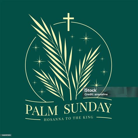 종려 주일 옐로우 골드 야자수 잎 주위에 별 윙크와 십자가 기호 라인 서클에 짙은 녹색 배경 벡터 디자인 사순절 종교적 축하 의식에 대한 스톡 벡터 아트 및 기타 이미지