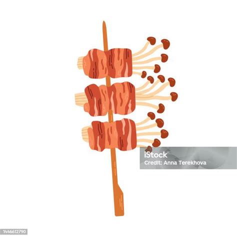 아시아 야키토리 버섯 에노키와 베이컨을 곁들인 꼬치 아시아 패스트 푸드 및 테이크 아웃 레스토랑 벡터 그림 베이컨에 대한 스톡