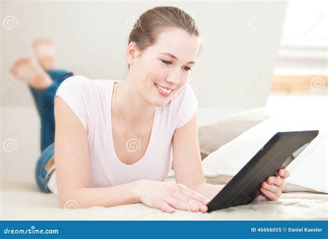 Attractive Woman Using Tablet Device Stock Image Image Of Positive Modern 46666055