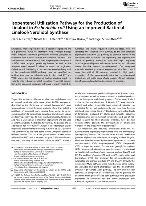 Pdf Isopentenol Utilization Pathway For The Production Of Linalool In Escherichia Coli Using