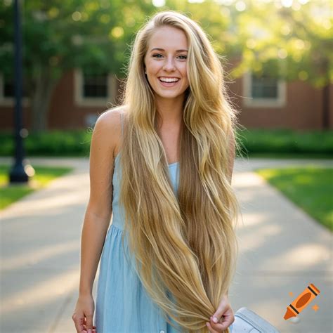 Photorealistic Image Of A Smiling Woman Brushing Her Very Long Blonde
