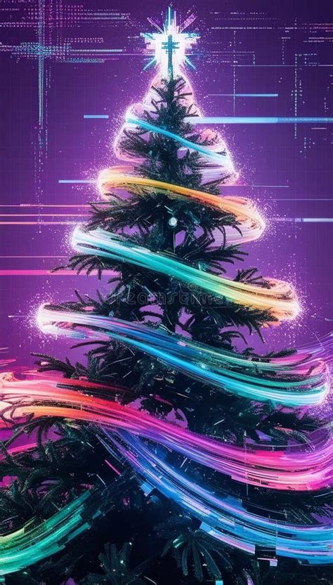 Modern Technicolor Christmas Tree With Glitch Details Digital Holiday