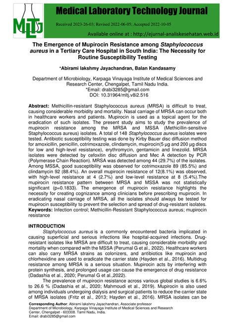 Pdf The Emergence Of Mupirocin Resistance Among Staphylococcus Aureus In A Tertiary Care