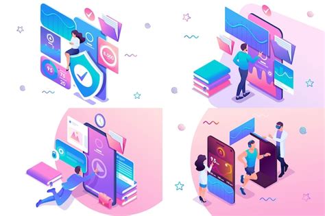 Premium Vector Set Isometric Workout Online Training Information
