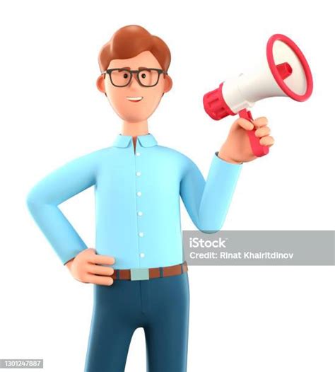 스피커를 들고 만화 미소 남자의 3d 그림 흰색에 고립 된 카메라를보고 메가 폰귀여운 사업가의 초상화를 닫습니다 비즈니스 광고 개념 3차원 형태에 대한 스톡 사진 및 기타