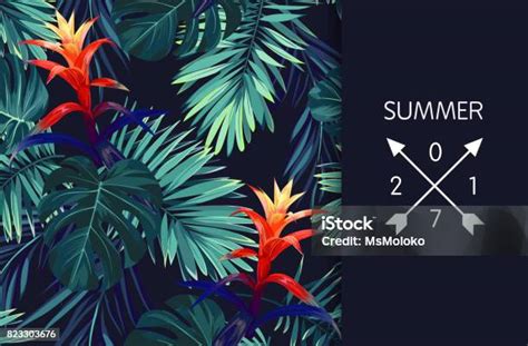 녹색 여름 이국적인 야자수 잎과 꽃과 열 대 배경 벡터 꽃 배경 트로피컬 패턴에 대한 스톡 벡터 아트 및 기타 이미지 트로피컬 패턴 열대 기후 0명 Istock