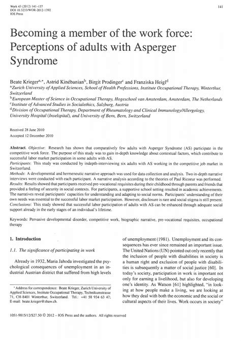 Pdf Becoming A Member Of The Work Force Perceptions Of Adults With Asperger Syndrome