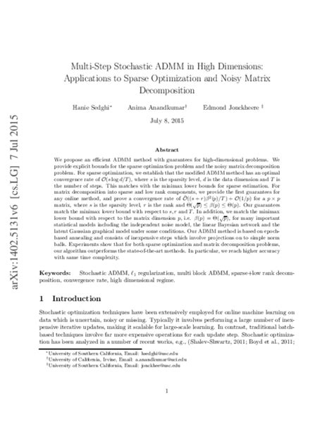 Pdf Multi Step Stochastic Admm In High Dimensions Applications To Sparse Optimization And
