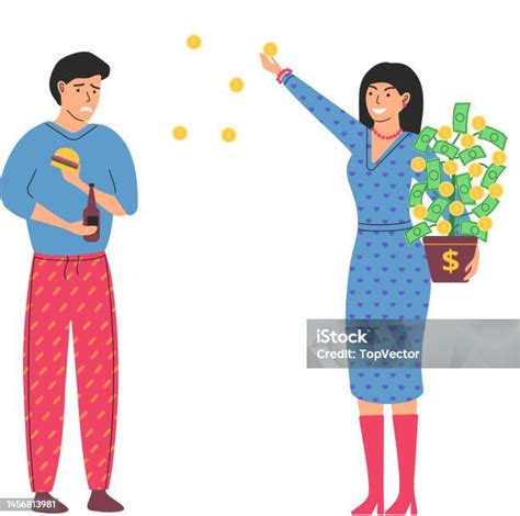 부자와 가난한 자의 격차 부유 한 행복 한 여자는 돈을 흩어지고 불행한 가난한 남자는 싼 패스트 푸드를 먹는다 개념에 대한 스톡 벡터 아트 및 기타 이미지 Istock