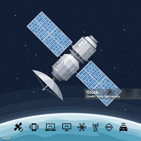 우주 통신 평면 위성 지구 궤도 진입입니다 Gps 레이더 태양 전지 패널 및 배경에 접시 개념 개념에 대한 스톡 벡터 아트 및 기타 이미지 Istock