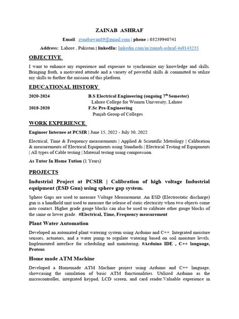 Zainab Ashraf Cv Teaching Pdf Electrostatic Discharge Arduino