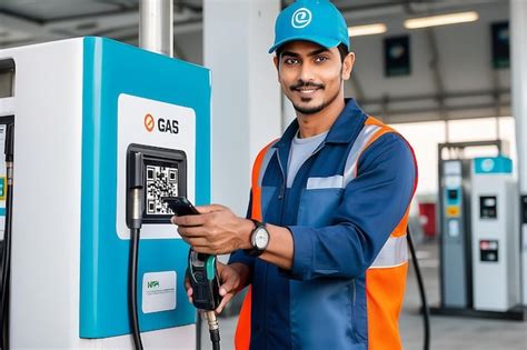 Rack Focus Shot Of Petrol Pump Worker Showing Scan Here To Pay Qr Code For Payment Premium AI