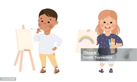 귀여운 소녀와 소년 예술가가 캔버스와 이젤에 그림을 그립니다 자신의 기술을 연습하는 창조적 인 아이들 만화 벡터 일러스트 레이 션 공예에 대한 스톡 벡터 아트 및 기타