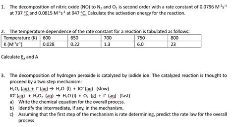 Solved The Decomposition Of Nitric Oxide No To N2 And O2
