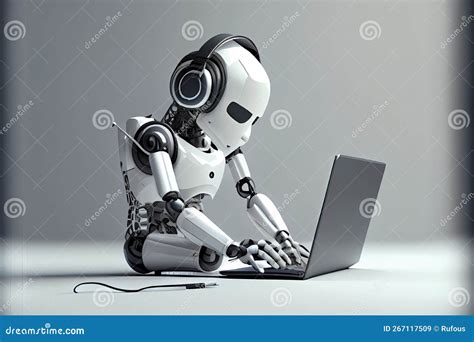 D Rendering Humanoid Robot Working With Headset And Notebook Stock Illustration Illustration