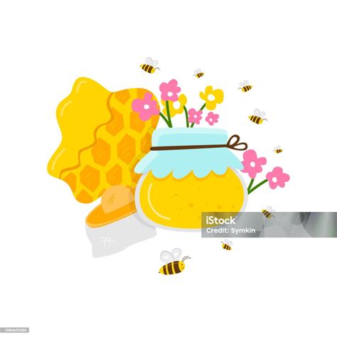 꿀 꿀 빗 왁 스의 항아리 꽃이 초원에 꿀벌에서 밀 짚 모자 꿀벌 주위를 날 기 그리고 꽃 흰색 배경입니다 만화 벡터입니다 0명에 대한 스톡 벡터 아트 및 기타 이미지