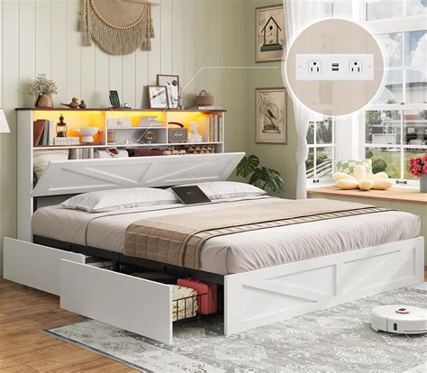 Aogllati Farmhouse Queen Bed Frame With 4 Storage Drawers And Led Lights Wooden Bed