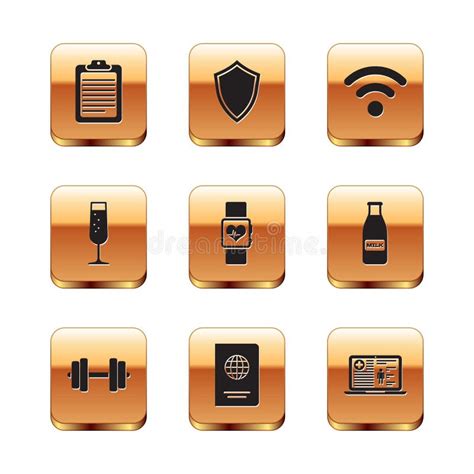 Set Clipboard With Document Dumbbell Passport Smart Watch Heart Beat Rate Glass Of Champagne