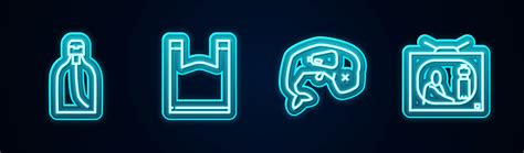 액체 비누 병 비닐 봉지 환경 보호 고래 죽음 및 플라스틱 오염 중지 라인 설정 빛나는 네온 아이콘입니다 벡터 가방에 대한 스톡 벡터 아트 및 기타 이미지 Istock