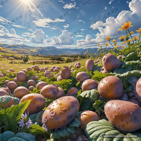 Ai创作图山清水秀的云贵高原 蓝天白云下 成片的洋芋花热烈的绽放 并有最终加工成的土豆片在其间 生态、酥脆、味美 昵图网