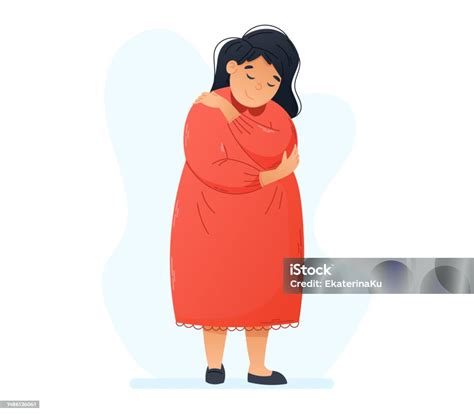 자기 사랑과 몸 긍정적인 개념 젊은 뚱뚱한 여자가 자신을 껴안고 있다 벡터 격리 만화 그림입니다 벡터에 대한 스톡 벡터 아트 및