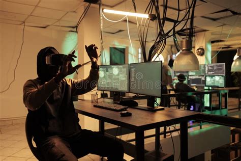 Male Thief Programming Computer Virus In Vr Headset Stock Image Image Of Criminal Glasses