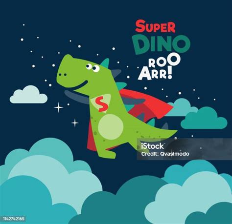 슈퍼 히어로 의상 재미 공룡 슈퍼 디노 케이프와 함께 비행 만화 슈퍼 히어로 바람에 물결 치는 공룡에 대한 스톡 벡터 아트 및