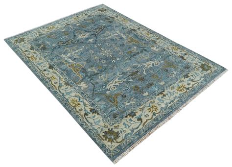 Blue And Ivory Antique Style Hand Knotted Oriental Oushak Wool Rug